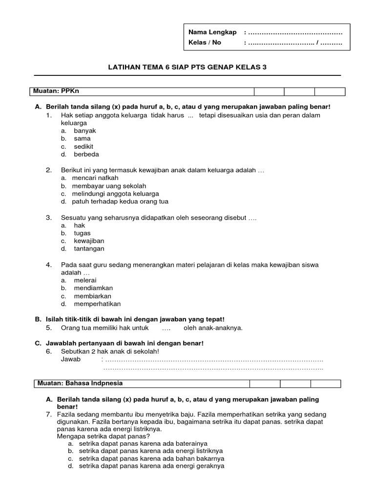 Latihan PTS Tema 6 Kelas III | PDF