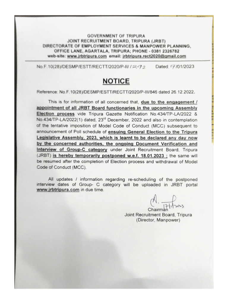 Notice For Postponement of Ongoing Document Verification & Interview of GR-C Post (English) | PDF