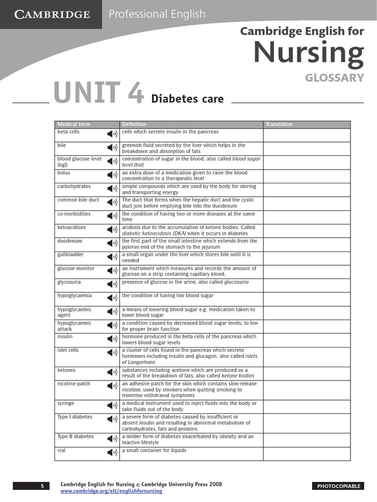 Cambridge English For Nursing Glossary Intermediate Unit4 | PDF