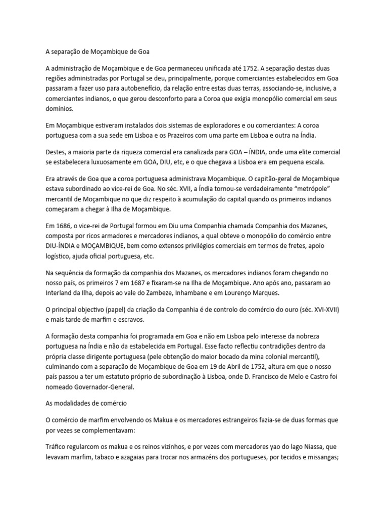 A Separação De Moçambique De Goa Pdf Moçambique Portugal