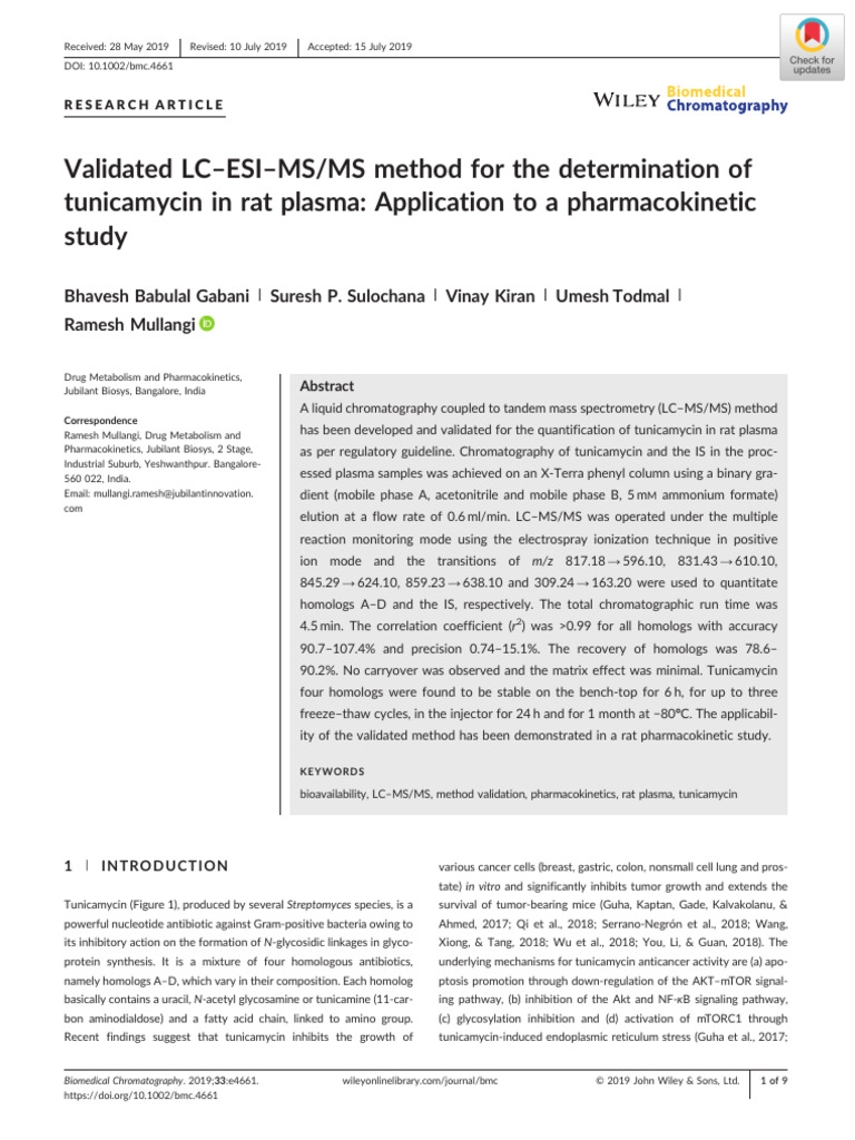Metodo LC ESI MS-MS Determinacion Tunicamycin en Plasma de Rata, Gabani 2019 | PDF | Liquid ...