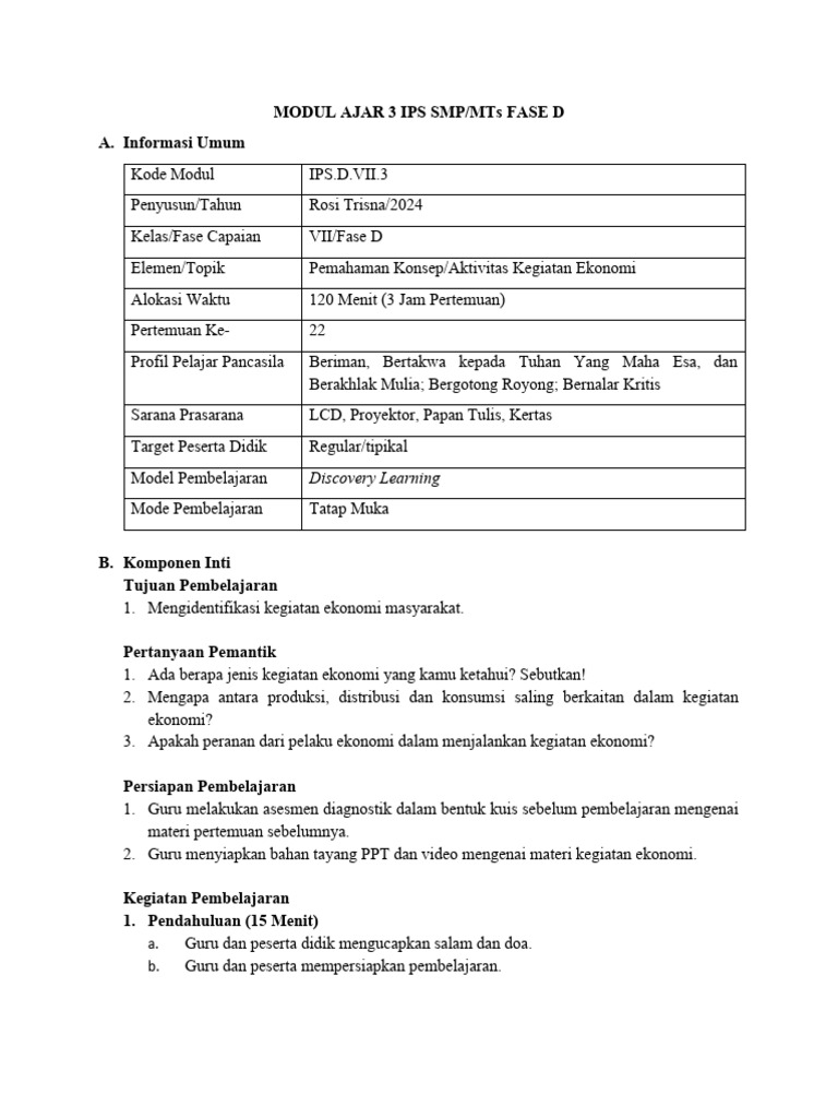 Modul Ajar Ips SMP KLS Vii Kegiatan Ekonomi | PDF