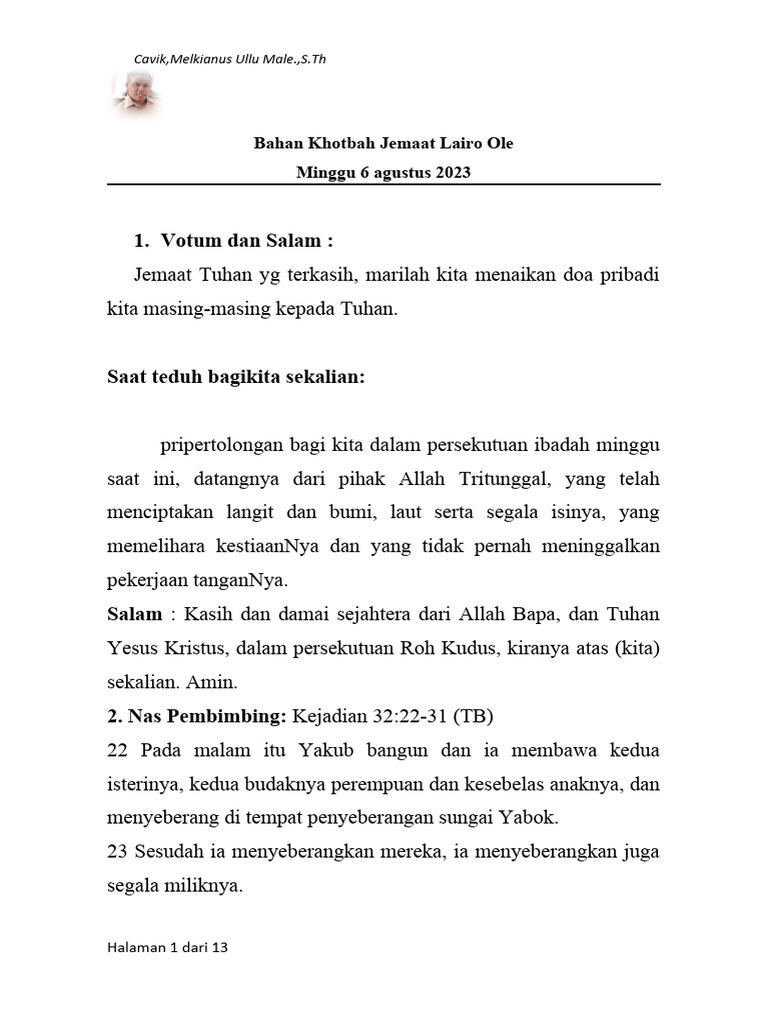 Bahan Khotbah Minggu 6 Agustus 2023 | PDF