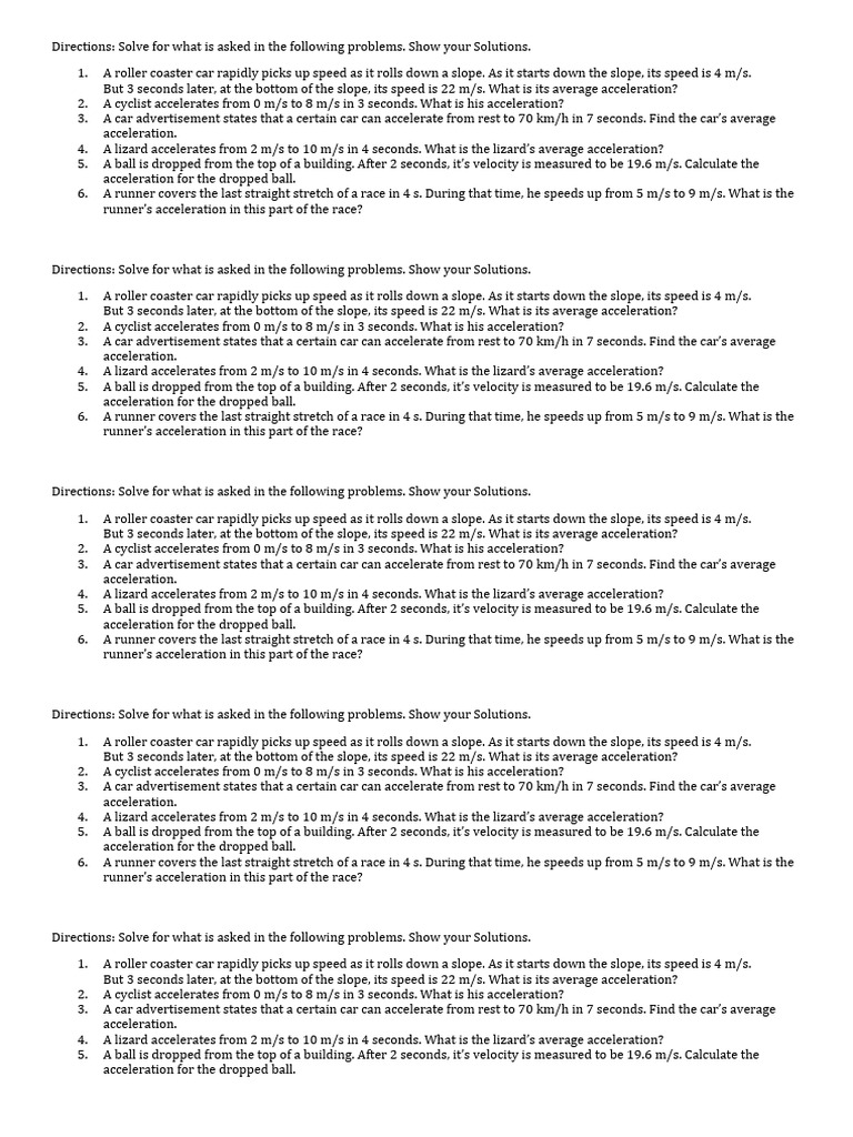 Acceleration Worksheet | PDF | Speed | Acceleration