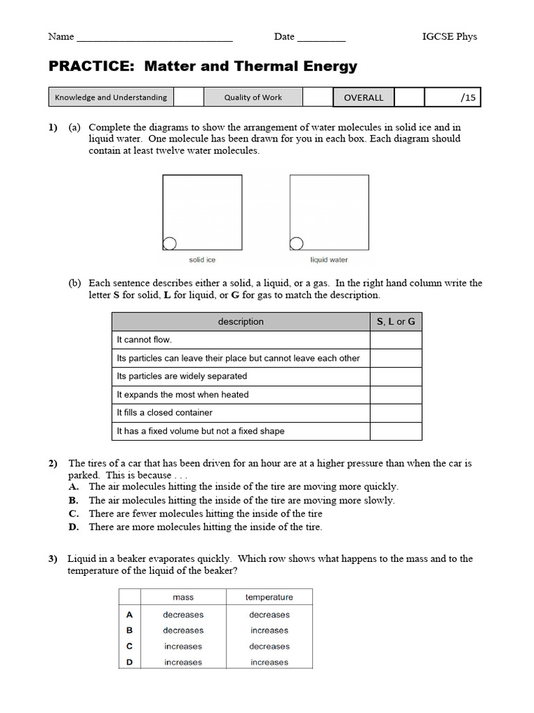 Worksheet - Matter and Thermal Energy | PDF | Liquids | Gases