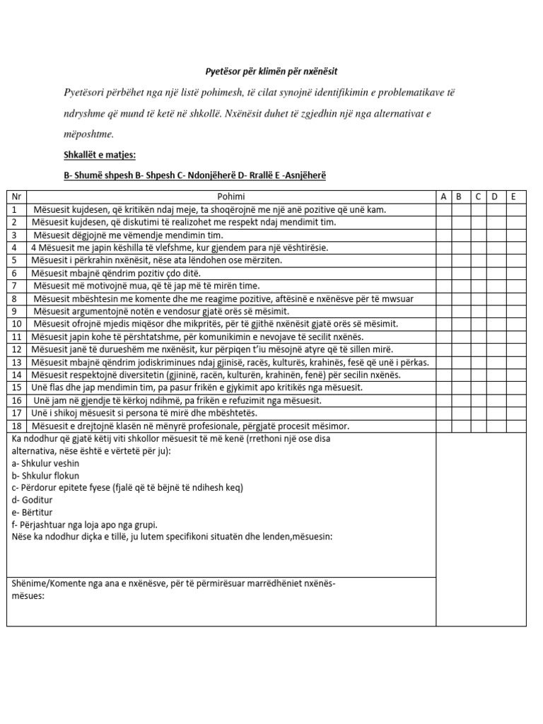 Pyetësor Për Klimën Për Nxënësit | PDF