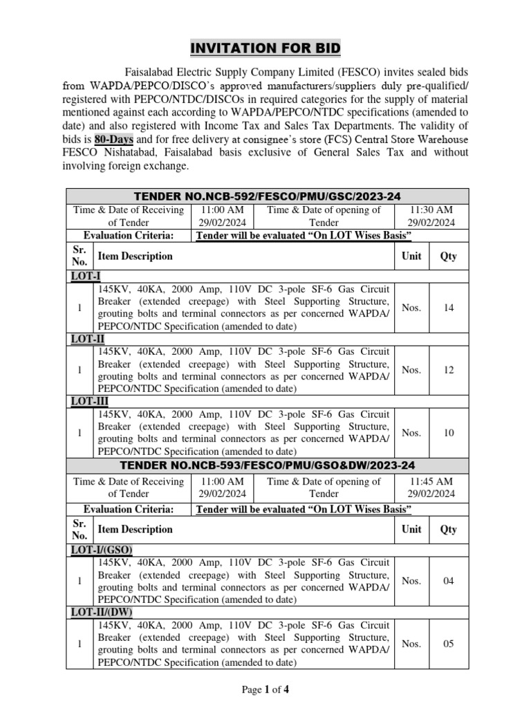 FESCO Tender For Circuit Breakers, Tender Cutting | PDF | Electric ...
