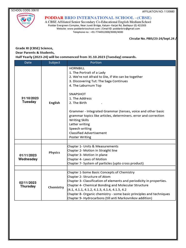 11th Science CBSE Date Sheet, Portion For HALF YEARLY 2023-24 | PDF | Chemistry | Physical Sciences