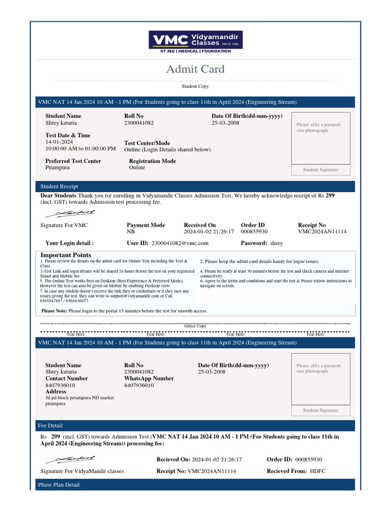 Admit Card: VMC NAT 14 Jan 2024 10 AM - 1 PM (For Students Going To ...