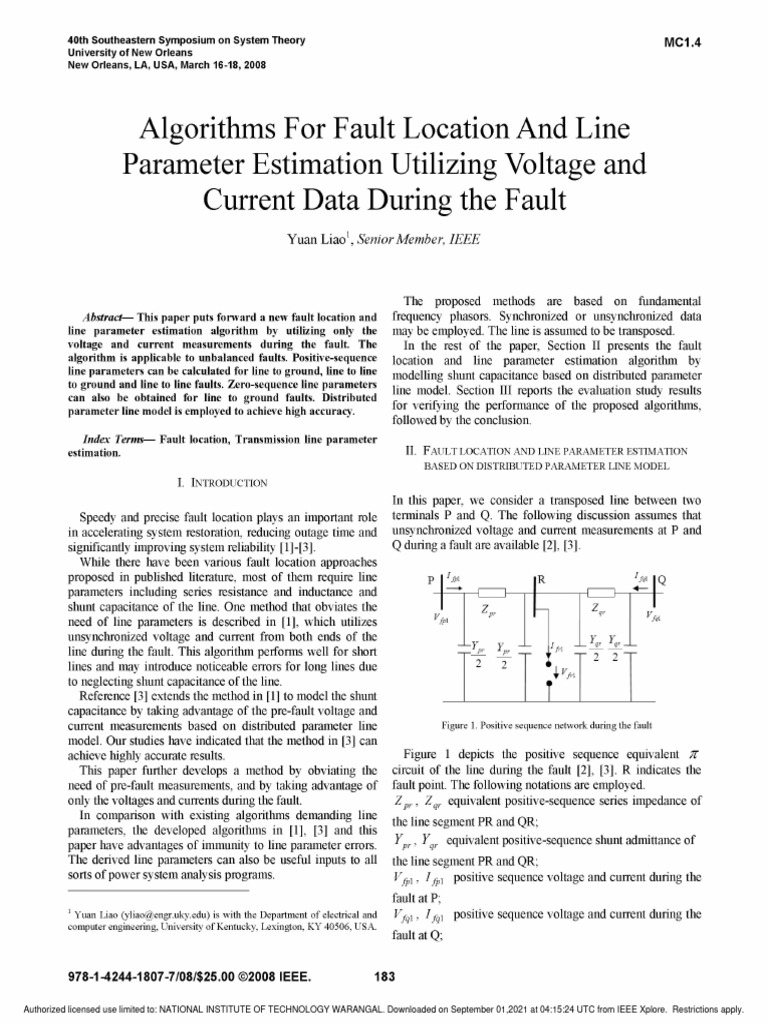 Algorithms For Fault Location and Line Parameter Estimation Utilizing Voltage and Current Data ...