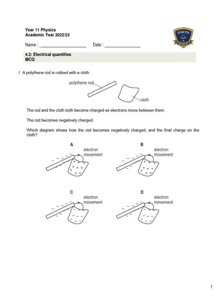 Electrical Quantities (Multiple Choice) QP Final | PDF