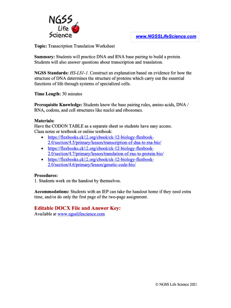 Transcription Translation Ws Pdf