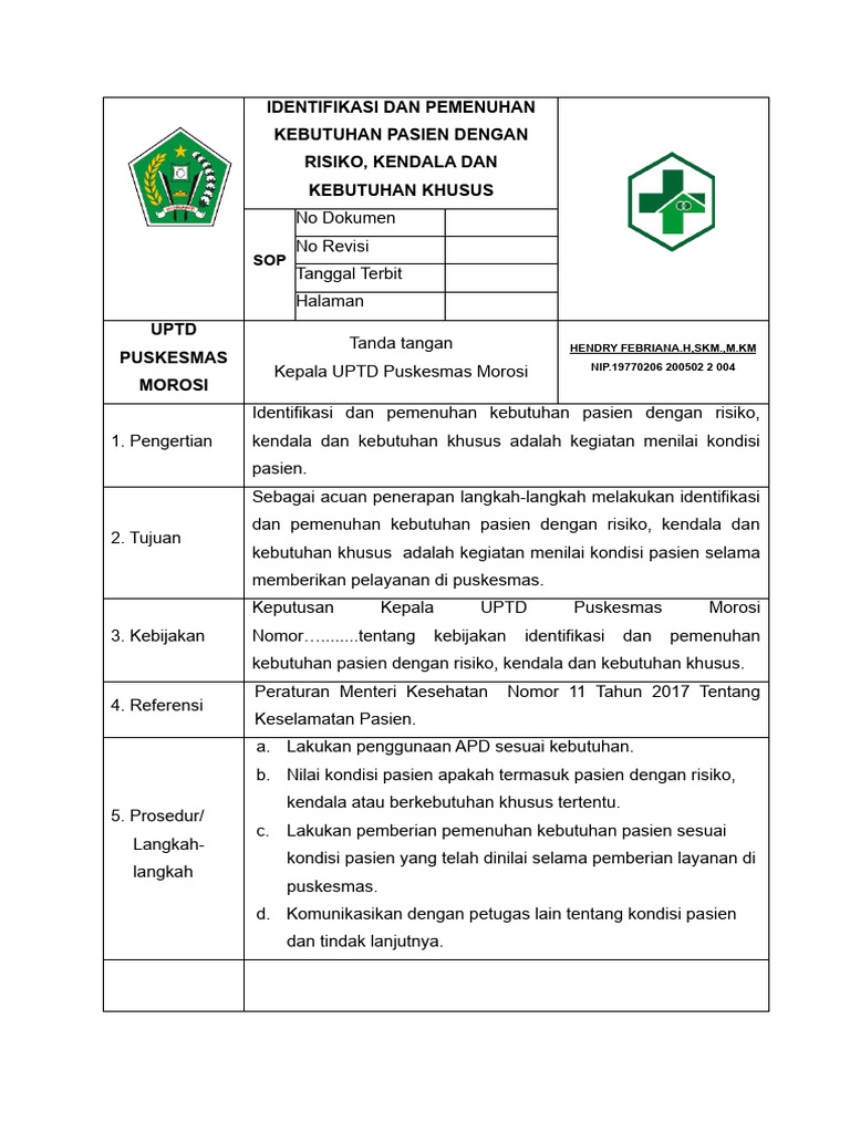 3.1.1.a.2 SOP Identifikasi Dan Pemenuhan Kebutuhan Pasien Dengan Resiko, Kendala Dan Kebutuhan ...