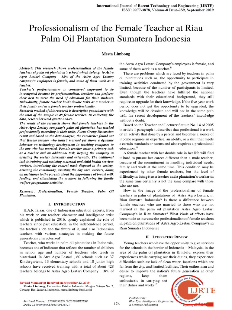 Jurnal IJRTE, Volume 8 - Issue9 - Profesionalisme Female | PDF | Teachers | Expert