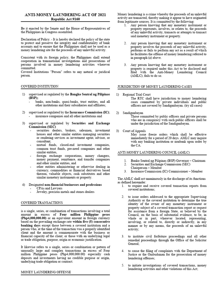 Anti-Money Laundering Act - Notes | PDF | Money Laundering | Securities ...