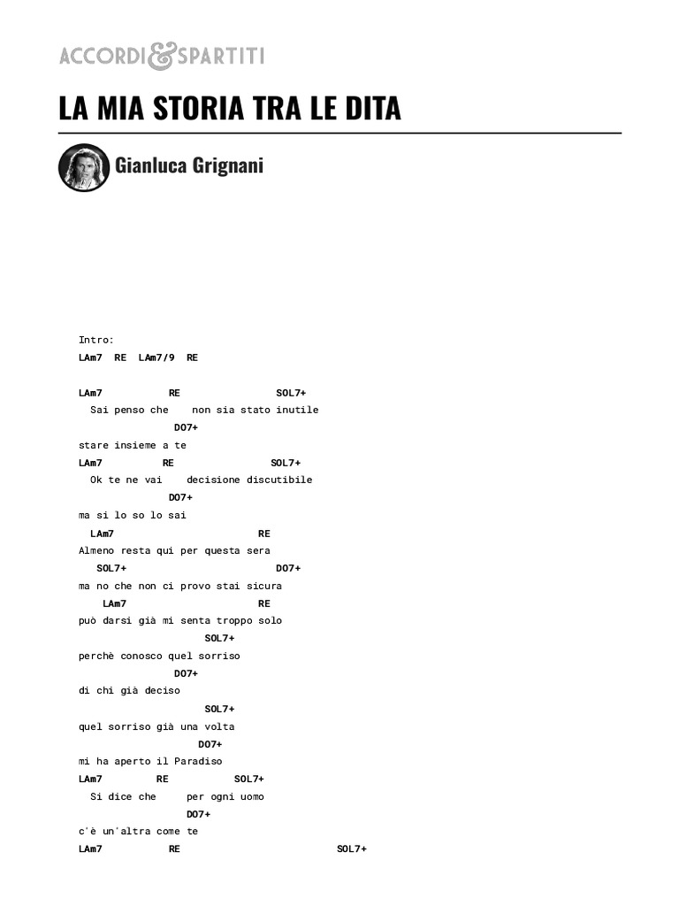 LA MIA STORIA TRA LE DITA Accordi 100% Corretti - Gianluca Grignani | PDF