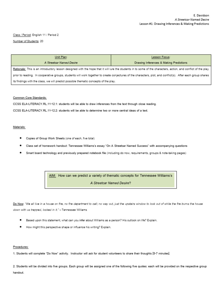 Streetcar Desire Inference Lesson | PDF
