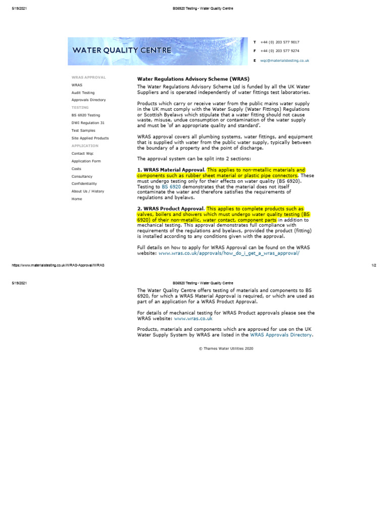BS6920 Testing - Water Quality Centre | PDF | Water Supply | Water Quality
