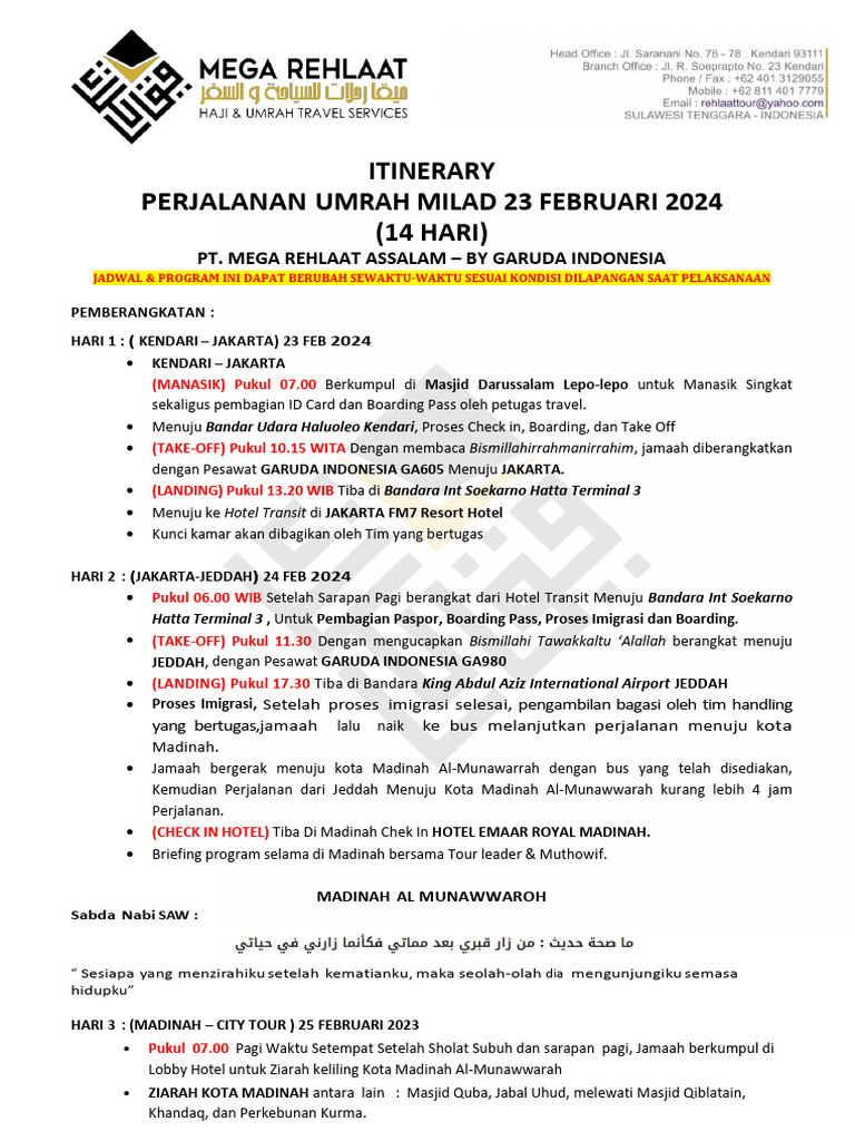 Itinerary Umrah Milad 23 Feb 2024 | PDF
