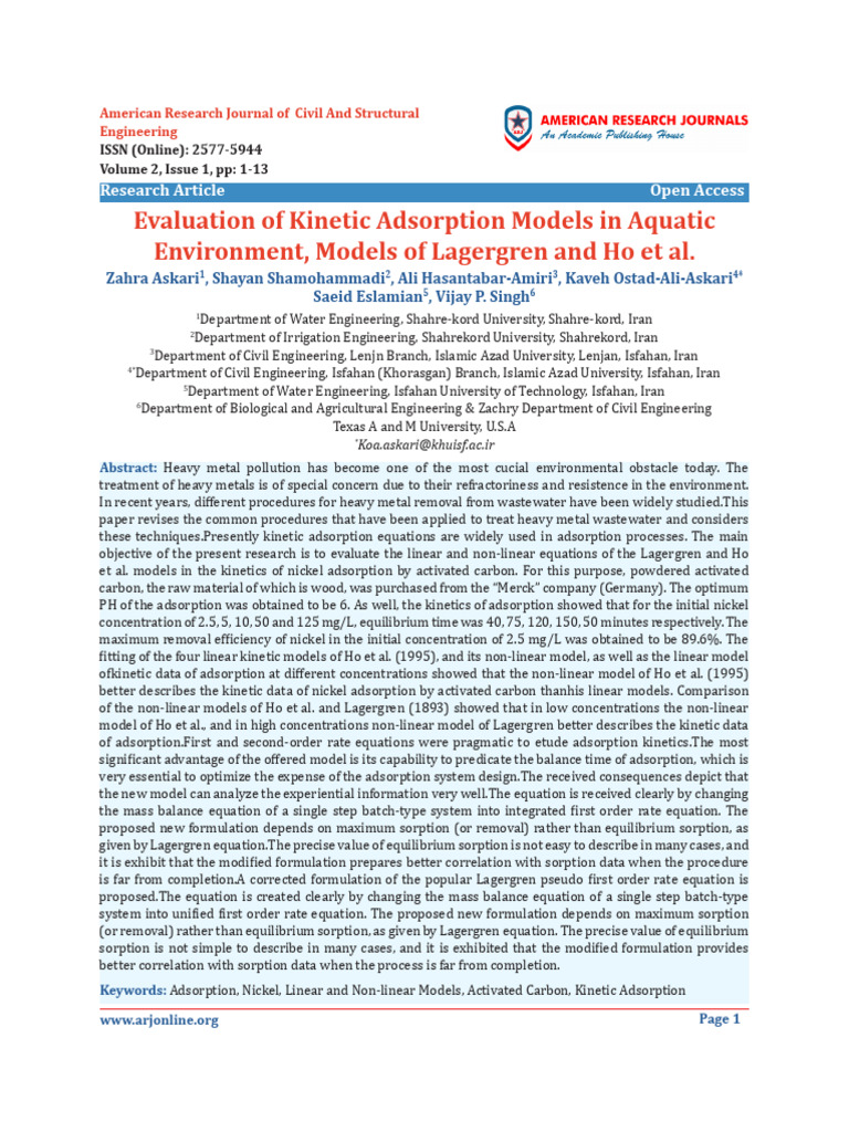 Evaluation of Kinetic Adsorption Models | PDF | Science & Mathematics