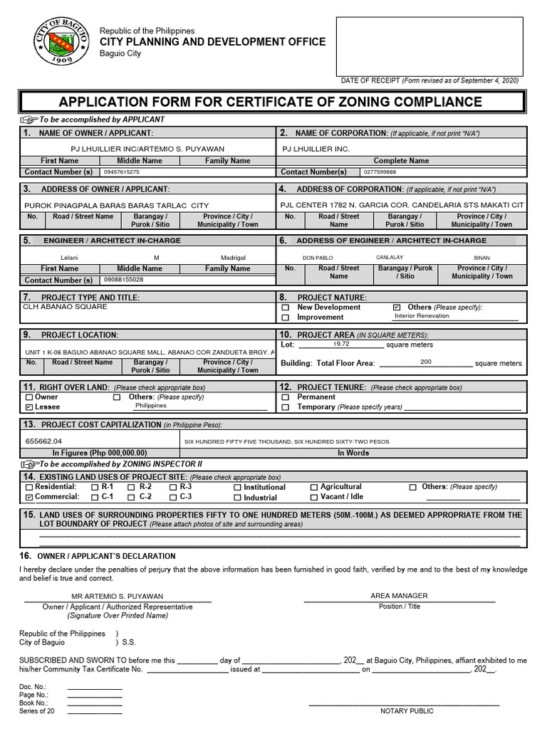 Application Form For Certificate of Zoning Compliance: City Planning ...