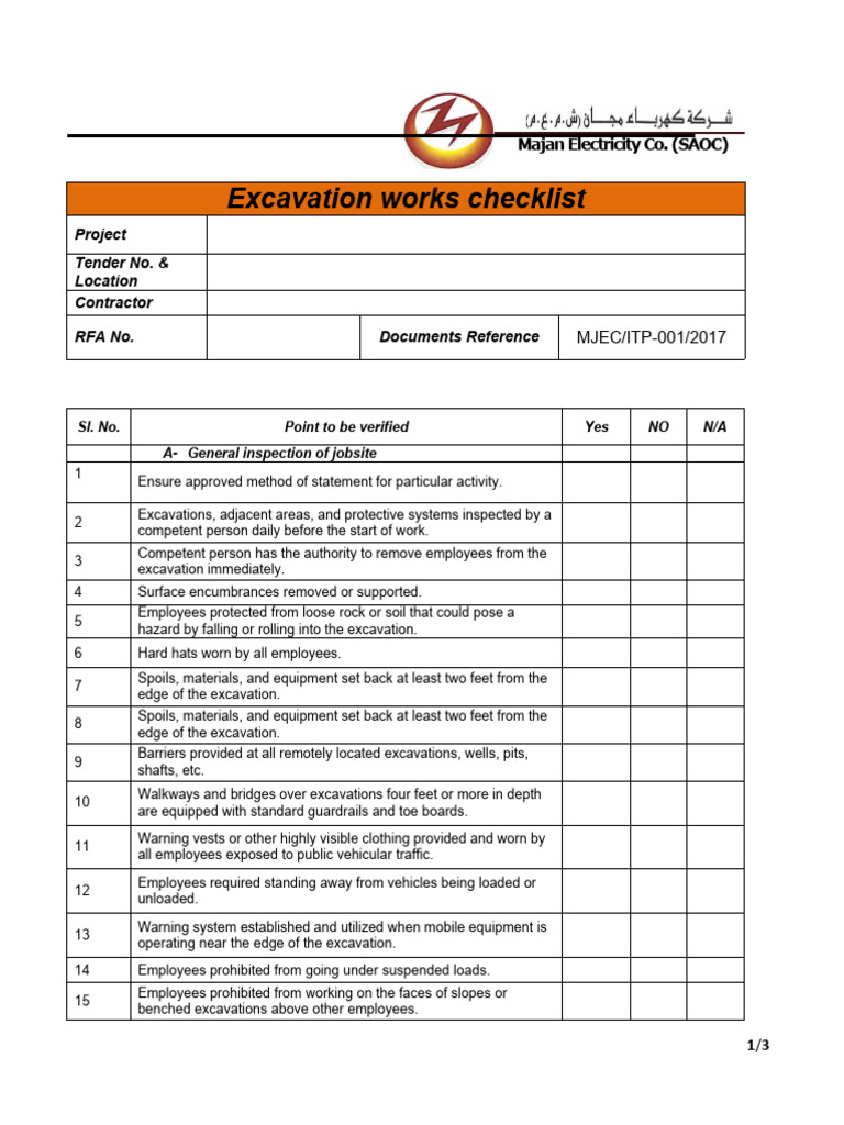 1 - Excavation Work Checklist | PDF | Occupational Safety And Health | Safety