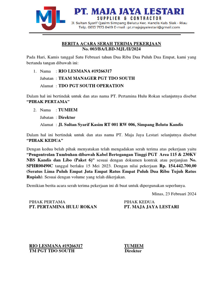 BERITA ACARA SERAH TERIMA PEKERJAAN 003 v2 | PDF