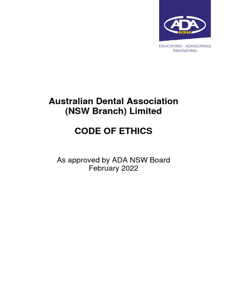 ADA NSW Code of Ethics Overview | PDF | Medical Ethics | Dentistry