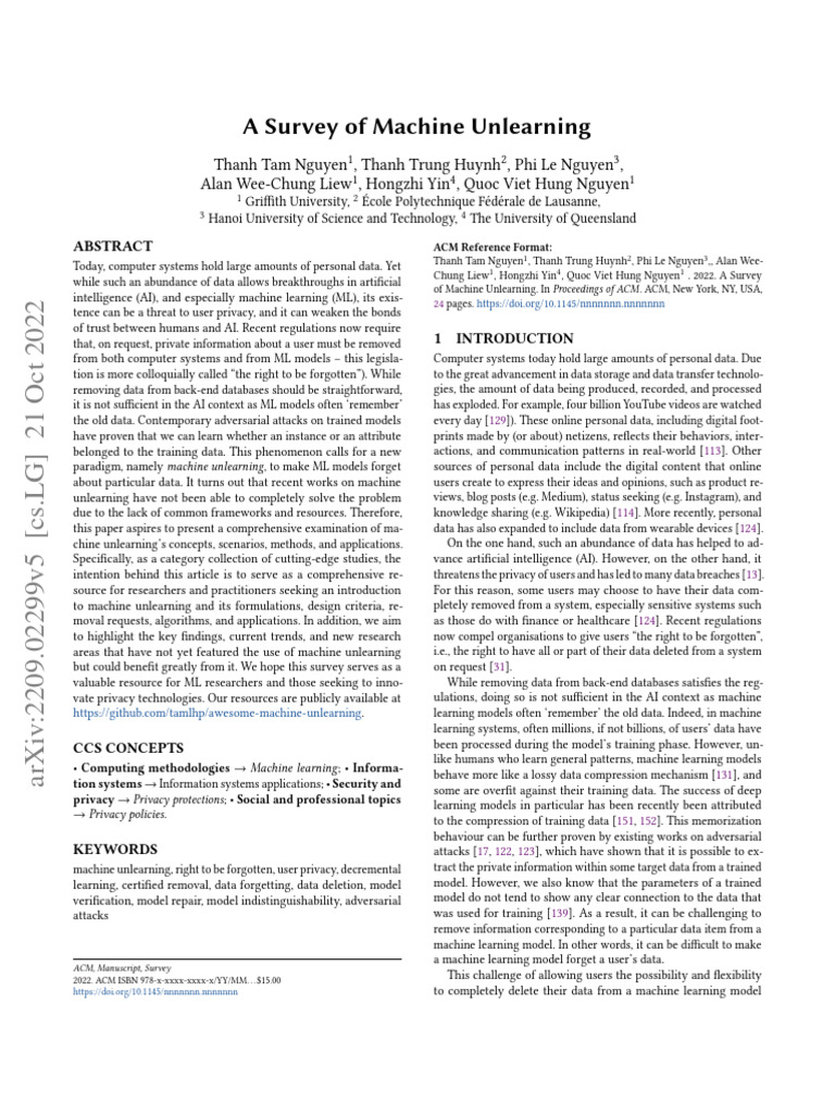 A Survey of Machine Unlearning | PDF | Machine Learning | Artificial Intelligence