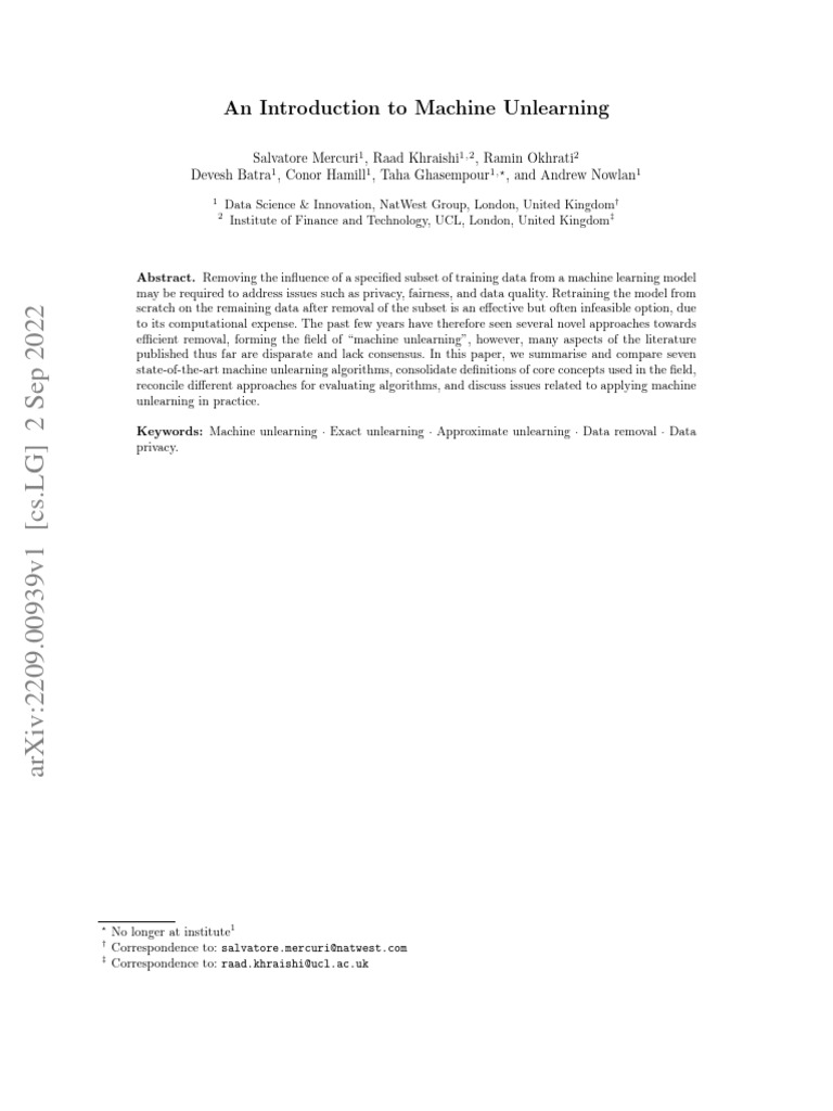 An Introduction To Machine Unlearning | PDF | Machine Learning | Algorithms