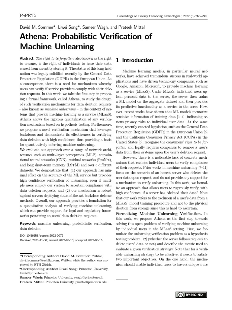 Athena Probabilistic Verification of Machine Unlearning | PDF | Type I And Type Ii Errors ...