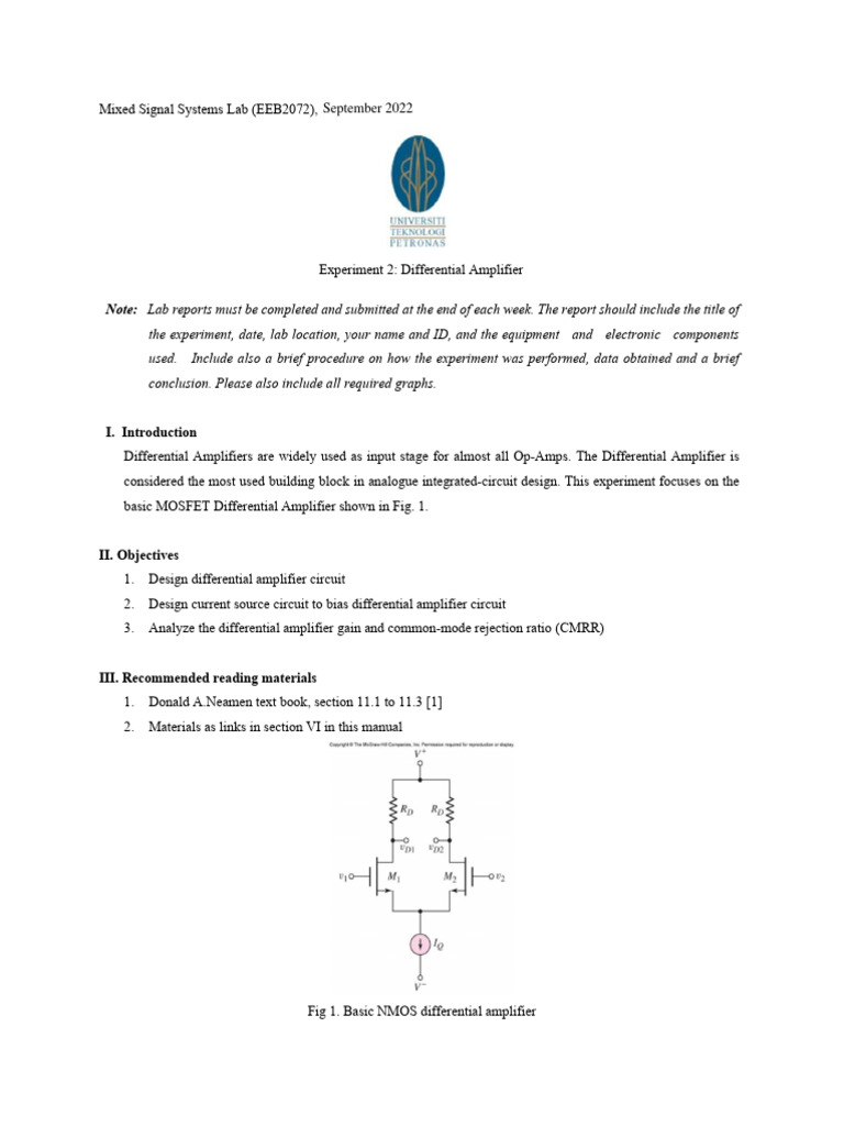 Mixed Signal System Lab Sept 2022 - Lab2 Manual | PDF | Amplifier | Operational Amplifier