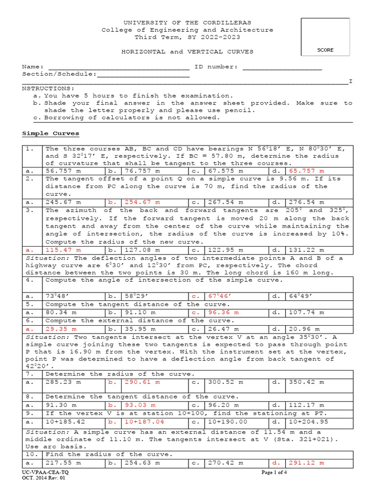 HORIZONTAL and VERTICAL CURVES Problem Set | Download Free PDF | Tangent | Angle