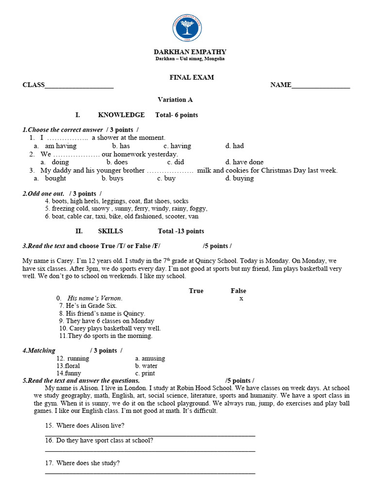 6A 6B VARIATION A and B With Answer Keys | PDF