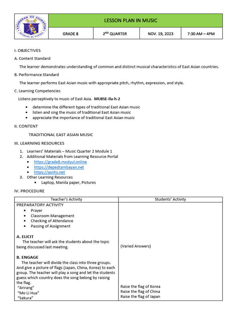 Traditional East Asian Music Lesson Plan | PDF | Learning | East Asia