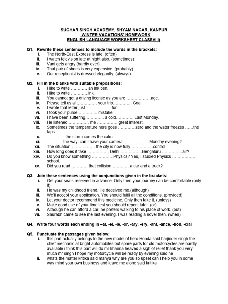 Class VIII English Winter Homework Worksheet | PDF | Linguistics ...
