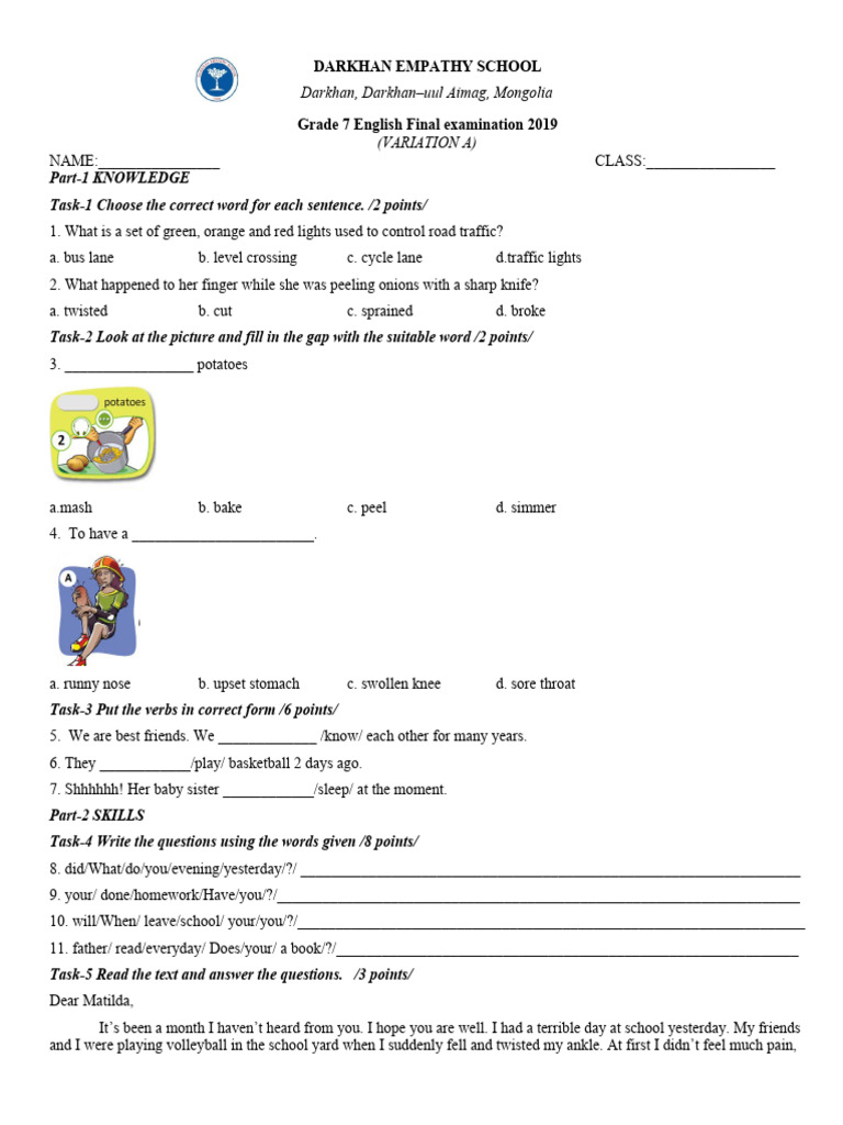 7th Grade Final Test Variation A and B With Answer Key | PDF | English ...