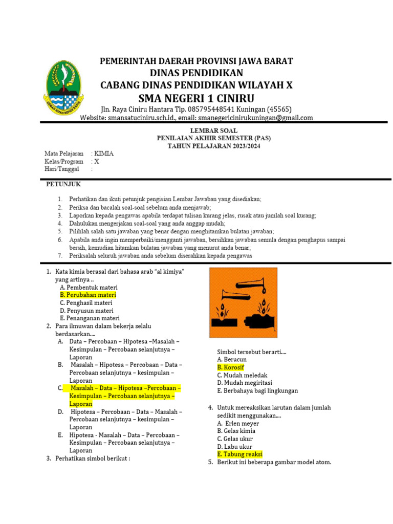 Soal Pas Kimia Kelas X Kurmer | PDF