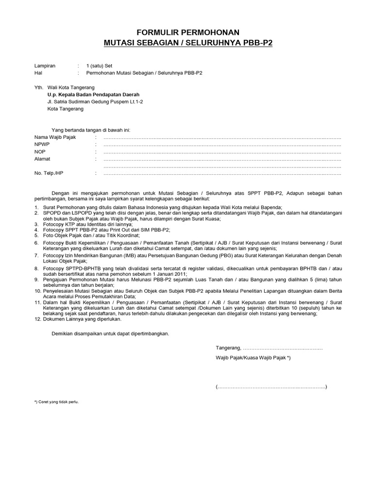 Formulir Permohonan Mutasi Sebagian - Seluruh PBB-P2 | PDF ...