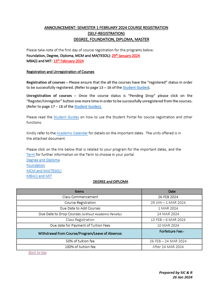 Semester 1 2024 Registration Announcement | PDF | Educational Stages