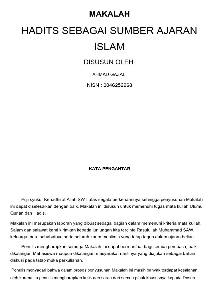 Makalah HADITS SEBAGAI SUMBER AJARAN ISL - Docx 20240227 082717 0000 | PDF