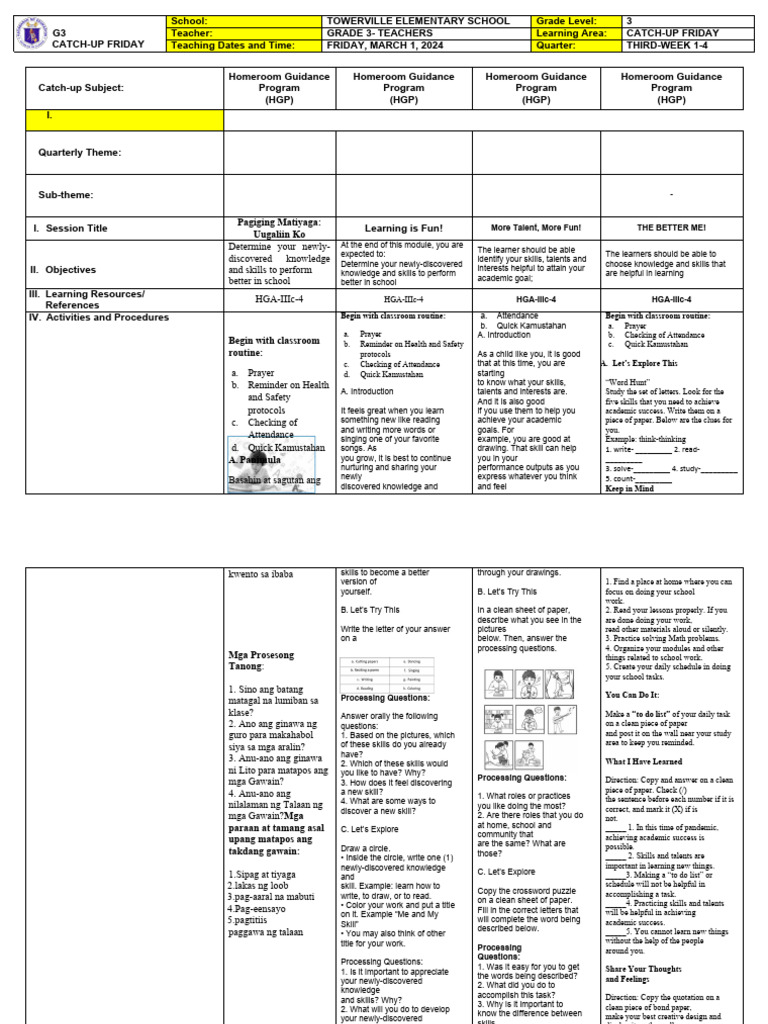Grade 3 Homeroom Guidance Program | PDF | Learning | Teachers