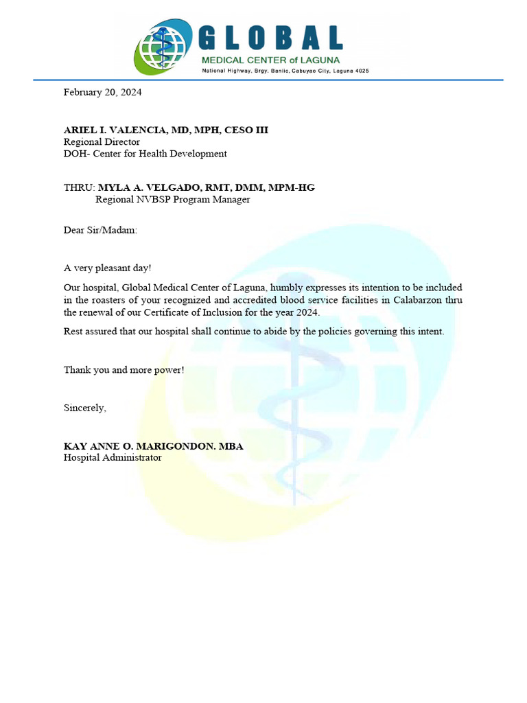 Global Medical Center Blood Service Renewal | PDF