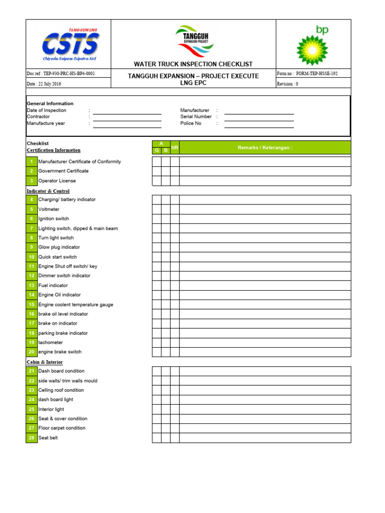 Checklist Water Truck | PDF | Clutch | Brake