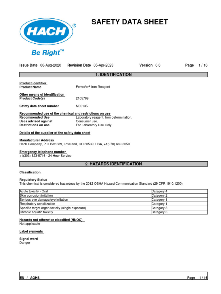 MSDS - FerroVer Iron Reagent | PDF | Toxicity | Firefighting