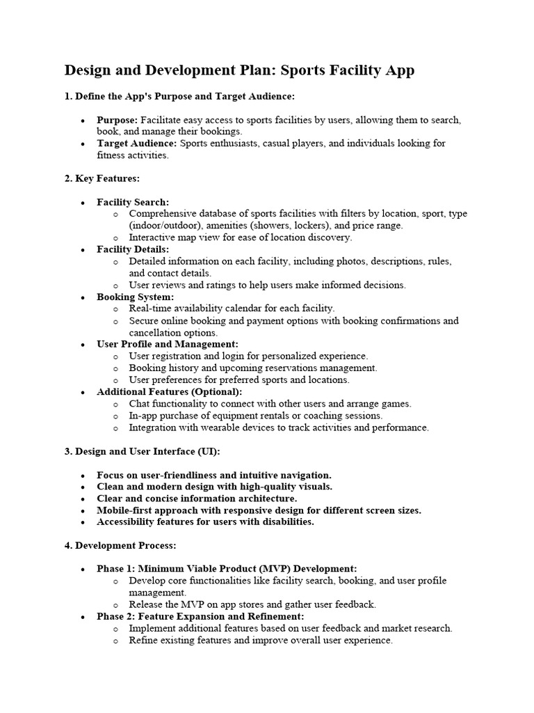 Sports Facility App Development Plan | PDF | Mobile App | Usability