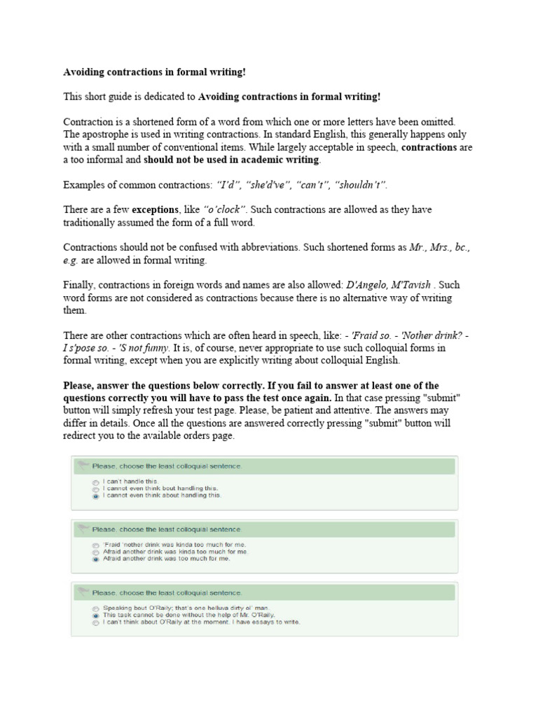 Avoiding Contractions in Formal Writing | PDF