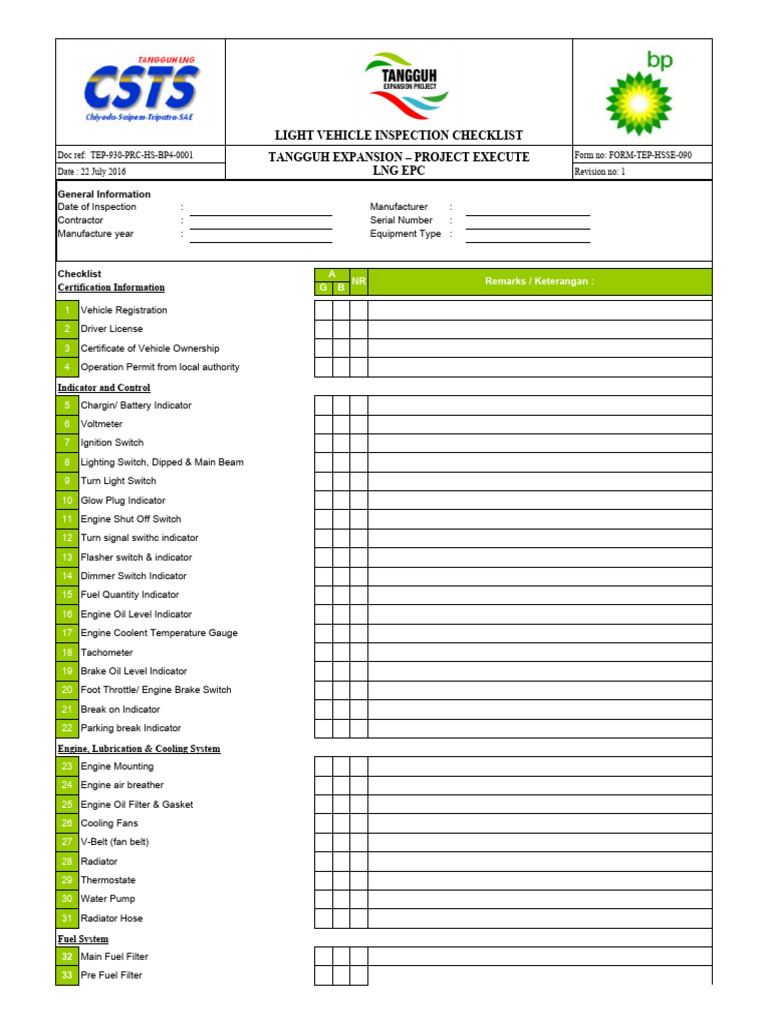 Checklist Light Vehicle | PDF | Brake | Anti Lock Braking System