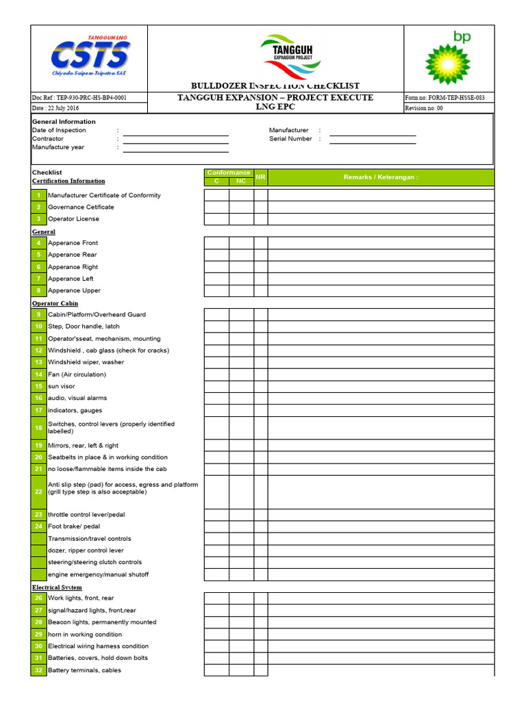 Checklist Bulldozer | PDF | Pipe (Fluid Conveyance) | Manufactured Goods