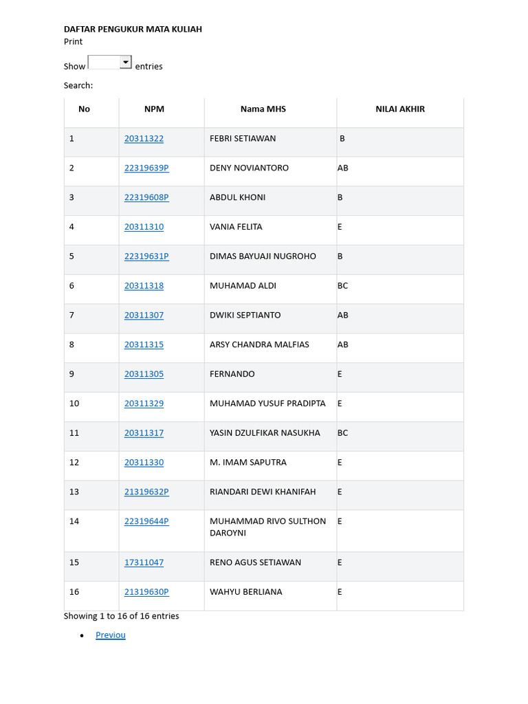 Nilai Akhir Mata Kuliah Psa Bta 20231 | PDF